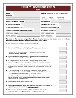 Fillable Online INCOME TAX RETURN QUESTIONNAIRE 2014 - Collins Barrow ...