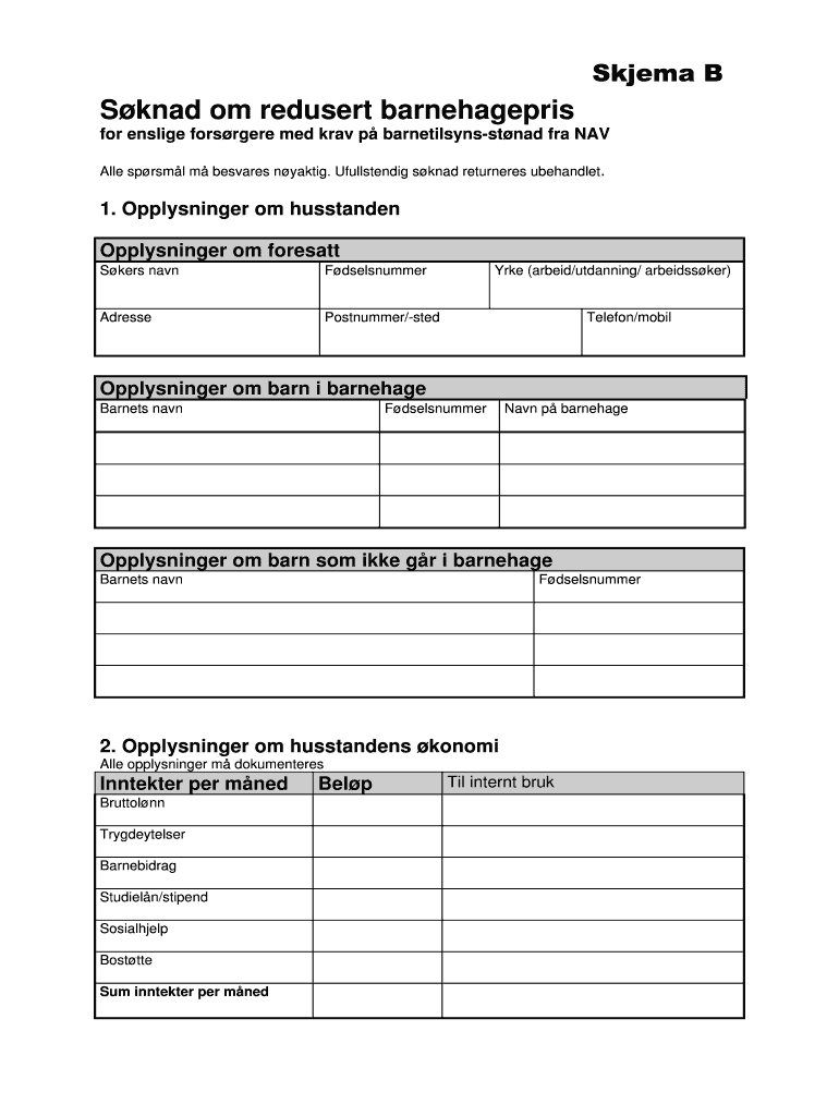 Fillable Online barnehageside Skjema A (enslige fors rgere med krav p st nad til barnetilsyn ...