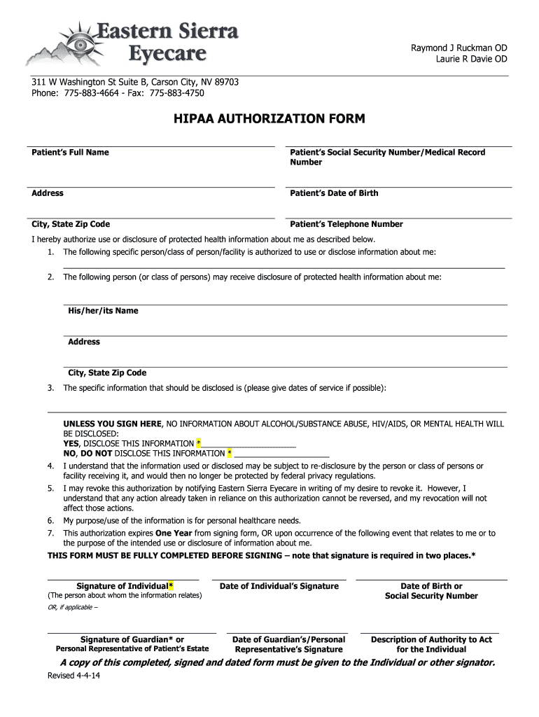 Fillable Online Sample HIPAA Authorization Form - Eastern Sierra Fax ...