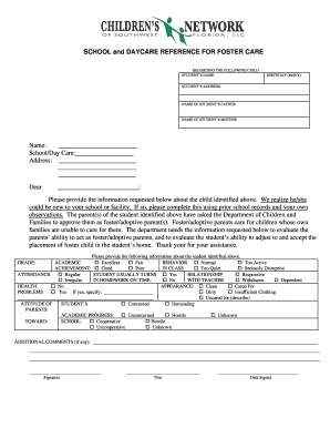 Fillable Online childnetswfl SCHOOL and DAYCARE REFERENCE FOR FOSTER ...