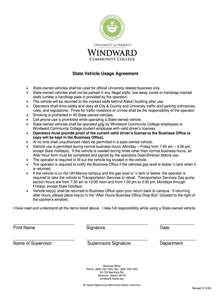 Fillable Online windward hawaii State Vehicle Usage Agreement - Windward Community College Fax ...