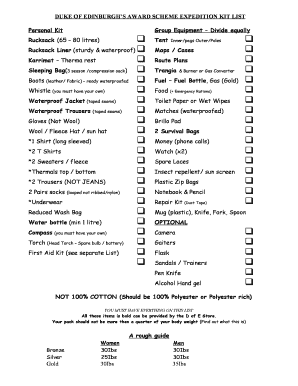 Fillable Online DUKE OF EDINBURGHS AWARD SCHEME EXPEDITION KIT LIST Fax ...