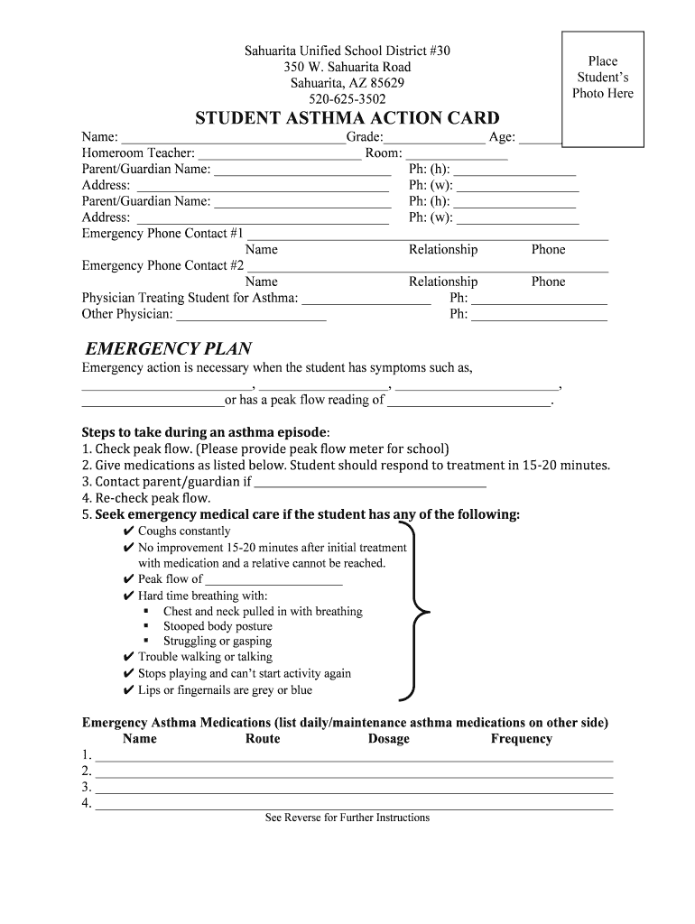 Fillable Online susd30 Asthma Action Plan - Sahuarita Unified Schools ...