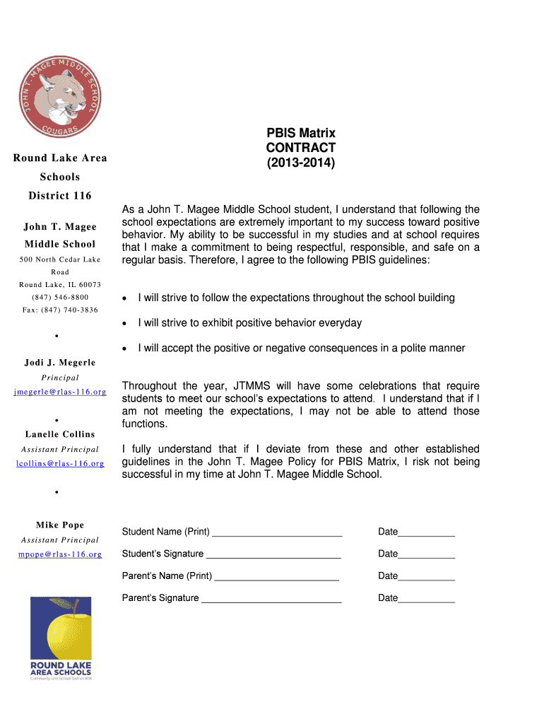 Fillable Online PBIS Matrix CONTRACT Round Lake Area 2013-2014 Fax ...