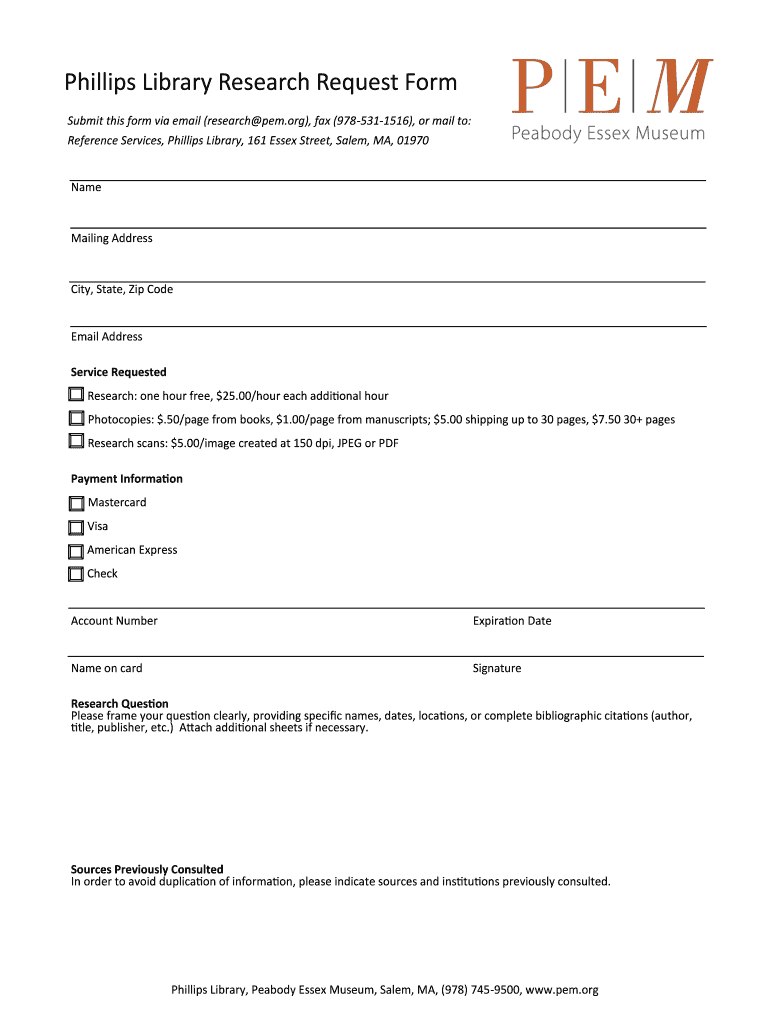 Fillable Online pem Phillips Library Research Request Form - PEM Fax ...