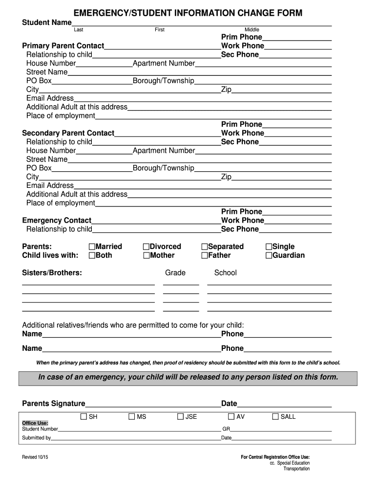Fillable Online jsasd k12 pa EMERGENCYSTUDENT INFORMATION CHANGE FORM ...