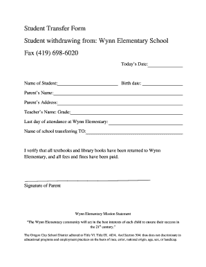 Fillable Online Student Transfer Form Student withdrawing from Wynn Fax Email Print - pdfFiller