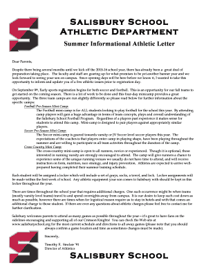 Fillable Online Summer Informational Athletic Letter - Salisbury School ...
