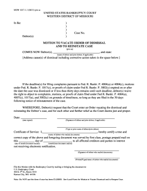 Fillable Online mow uscourts Motion to Vacate Dismissal and reinstate ...