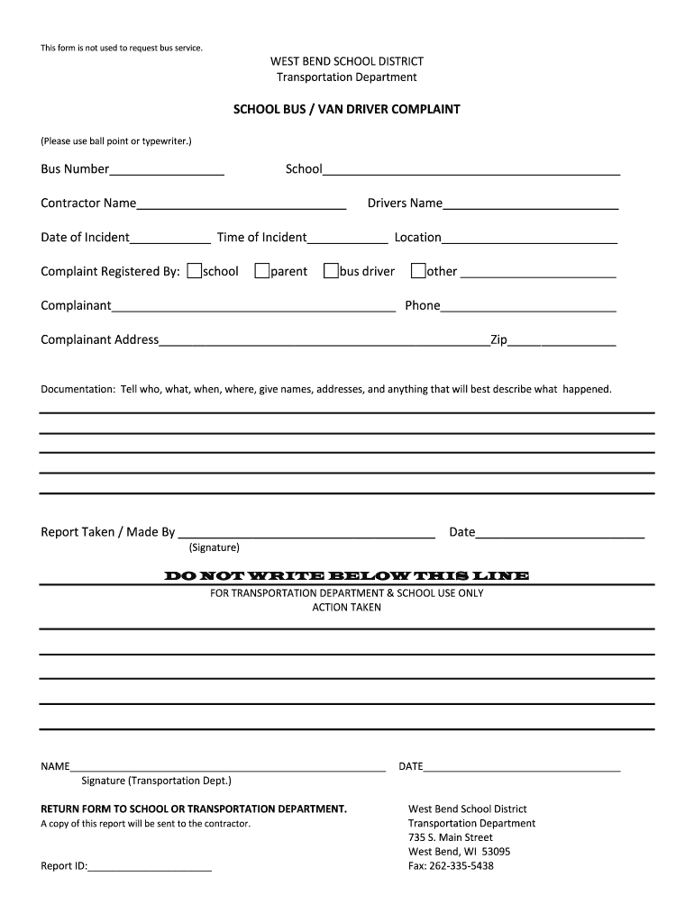 Fillable Online SCHOOL BUS VAN DRIVER COMPLAINT - SharpSchool Fax Email ...