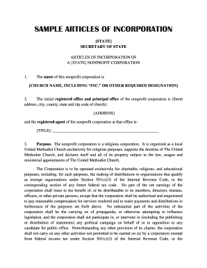 Fillable Online SAMPLE ARTICLES OF INCORPORATION - epaumcorg Fax Email ...