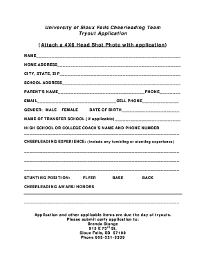 Fillable Online University of Sioux Falls Cheerleading Team Tryout ...