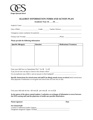 Fillable Online oes ALLERGY INFORMATION FORM AND ACTION PLAN Fax Email ...