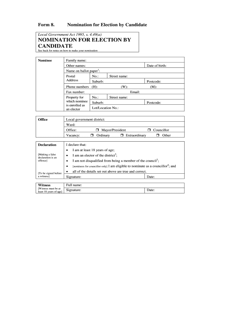 Fillable Online nedlands wa gov Form 8 Nomination for Election by ...