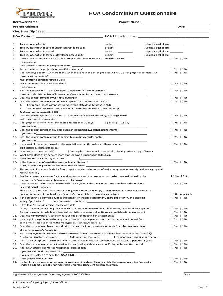 Fillable Online HOA Condominium Questionnaire - Dave Kevelighan Fax ...
