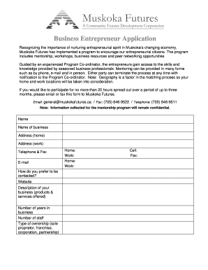 Fillable Online Business Entrepreneur Application - Muskoka Futures Fax ...