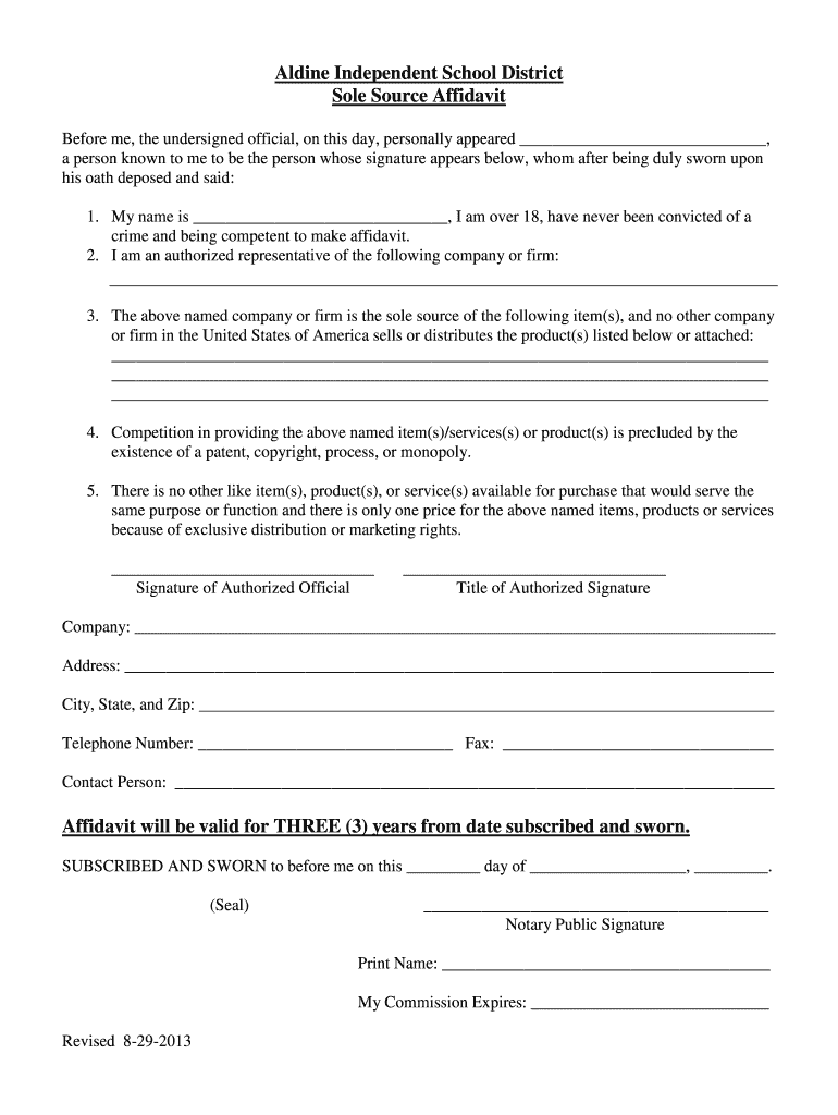 Fillable Online Aldine Independent School District Sole Source Affidavit Fax Email Print - pdfFiller