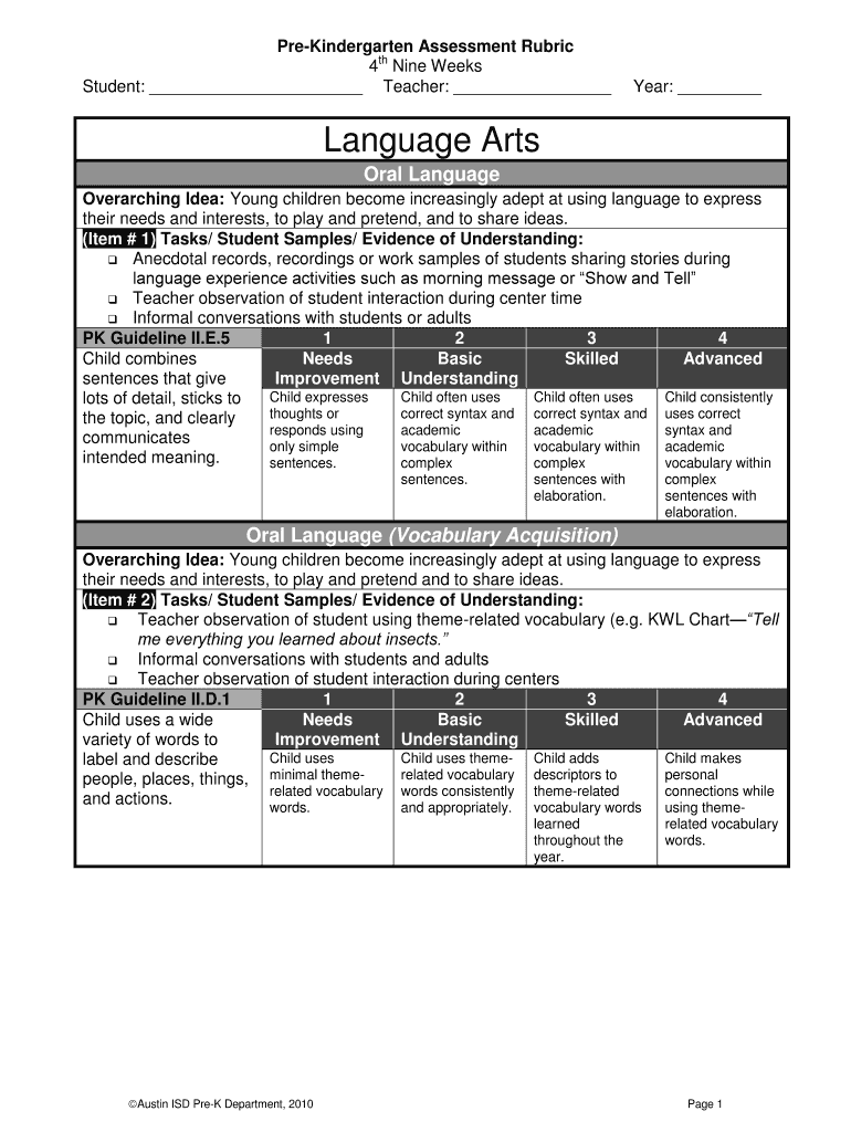 Fillable Online PreKindergarten Assessment Rubric Fax Email Print ...