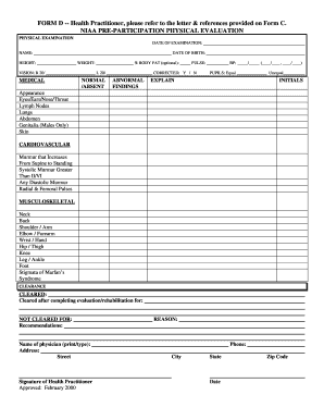 Fillable Online NIAA PREPARTICIPATION PHYSICAL EVALUATION PHYSICAL ...