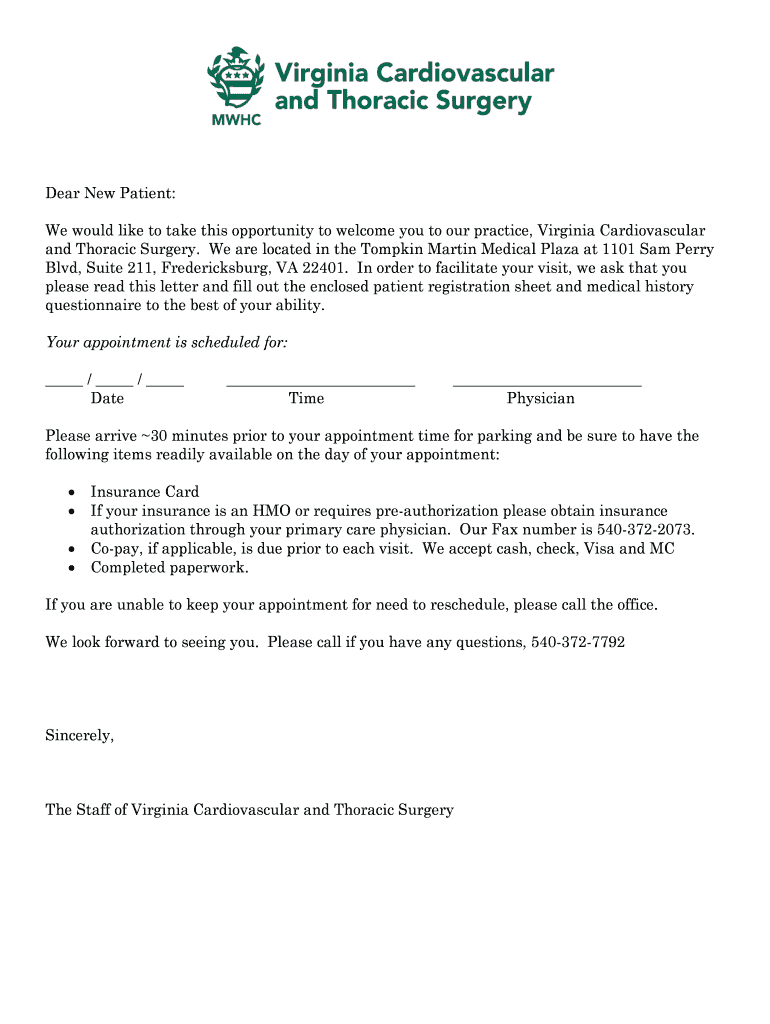 Fillable Online Virginia Cardiovascular and Thoracic Surgery MWHC Fax ...