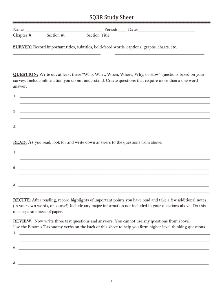 Fillable Online SQ3R Study Sheet Name: Period: Date: Chapter #: Section ...