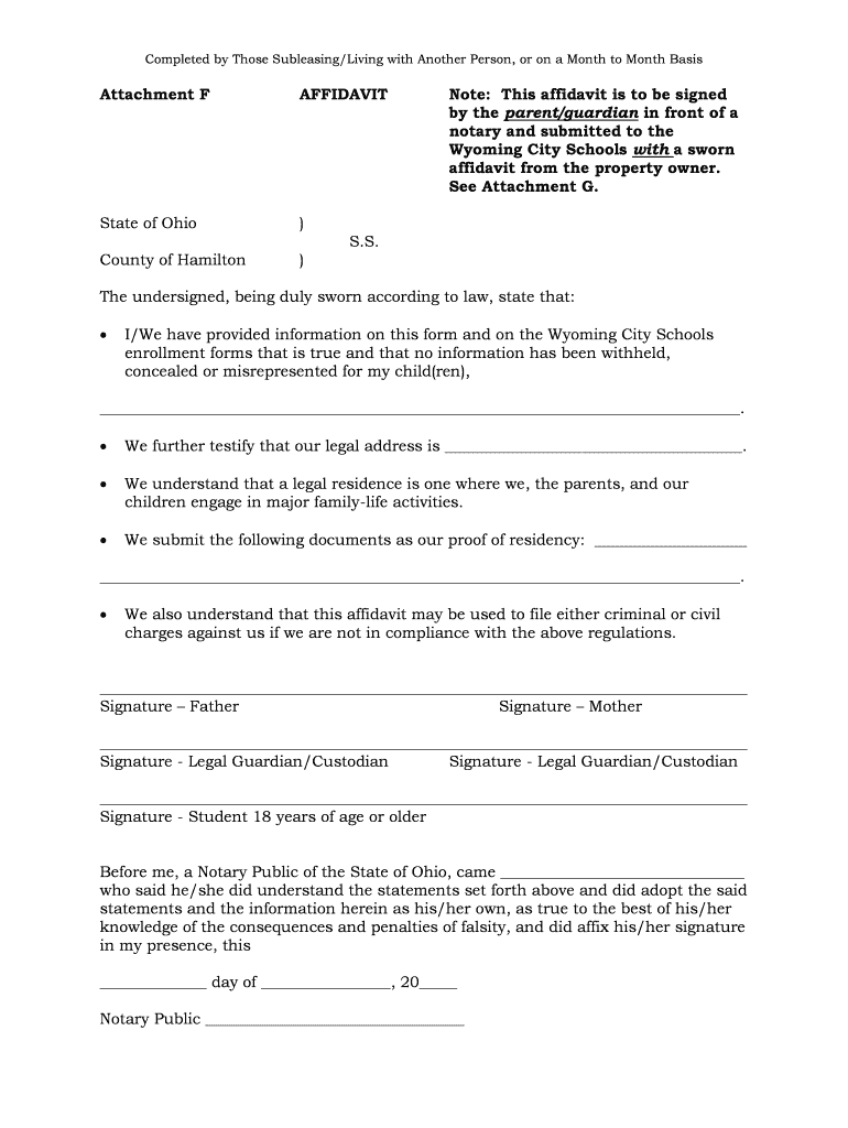 Fillable Online Attachment F AFFIDAVIT by the parentguardian in front ...