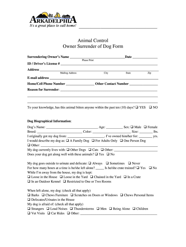 Fillable Online Animal Control Owner Surrender of Dog Form Fax Email ...