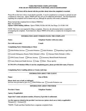 Fillable Online TERM PROVIDER COMPLAINT FORM FOR USE BY PROFESSIONAL ...