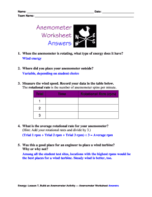Anemometer Worksheet - Fill Online, Printable, Fillable, Blank | pdfFiller