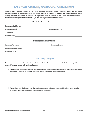 Fillable Online 2016 Student Community Health All-Star Nomination Form ...