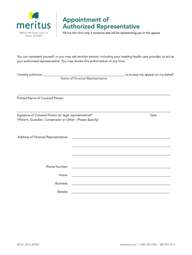 Fillable Online Appointment of Authorized Representative - Meritus Fax Email Print - pdfFiller