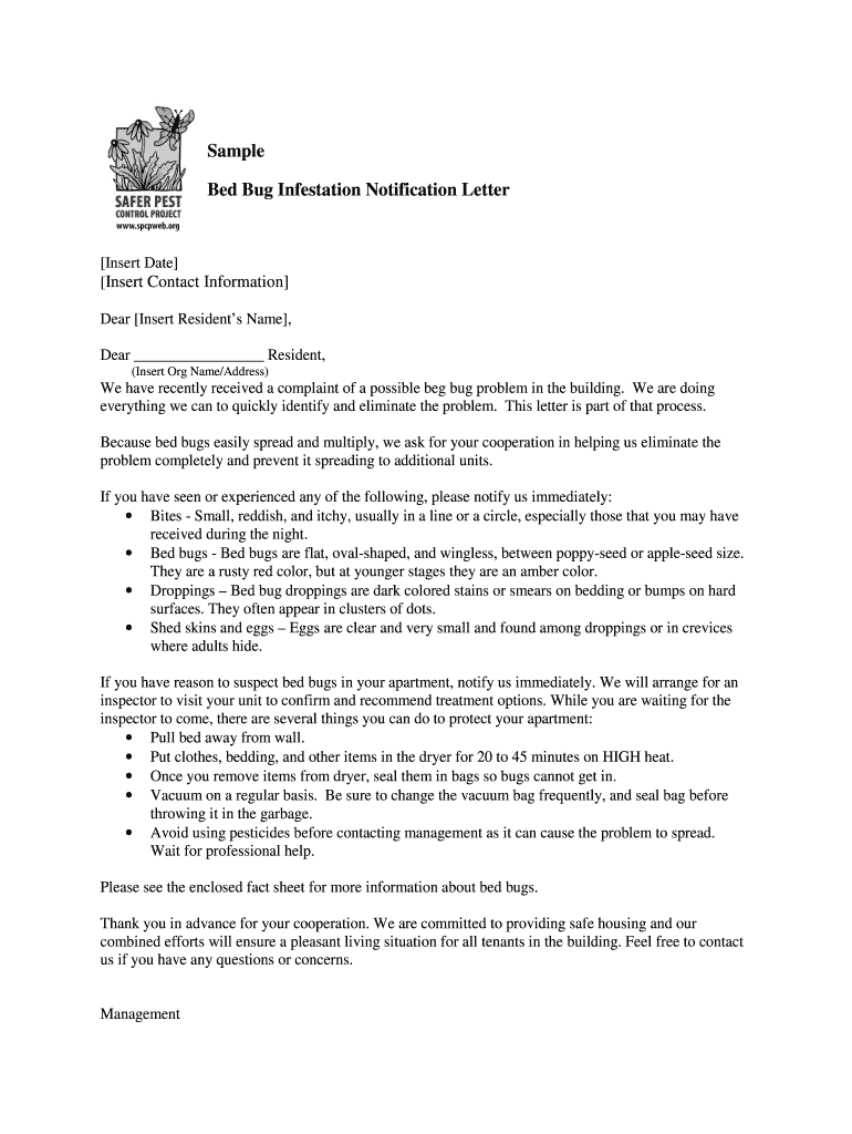 Fillable Online Bed Bug Infestation Notification Letter Fax Email Print ...