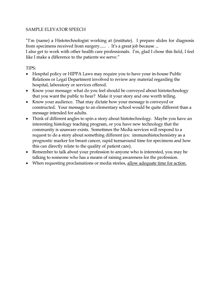 Fillable Online SAMPLE ELEVATOR SPEECH Fax Email Print - pdfFiller
