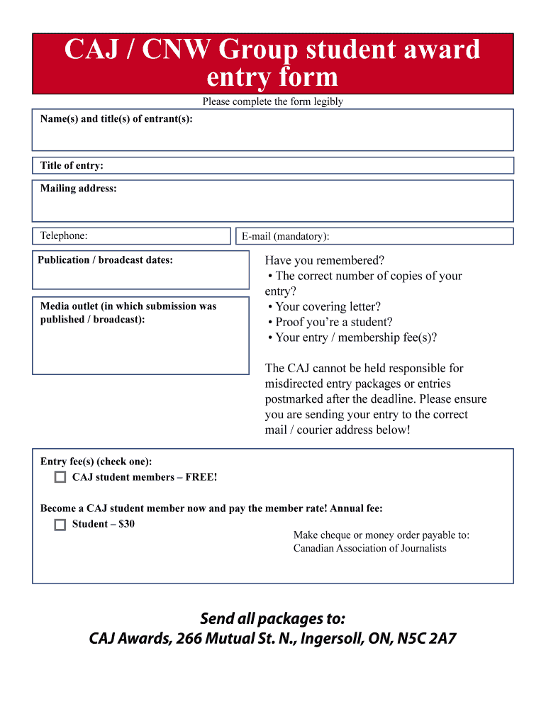 Fillable Online caj CaJ cNw Group student award entry form Fax Email ...