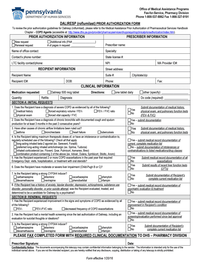 Fillable Online DALIRESP roflumilast PRIOR AUTHORIZATION FORM PRIOR Fax ...
