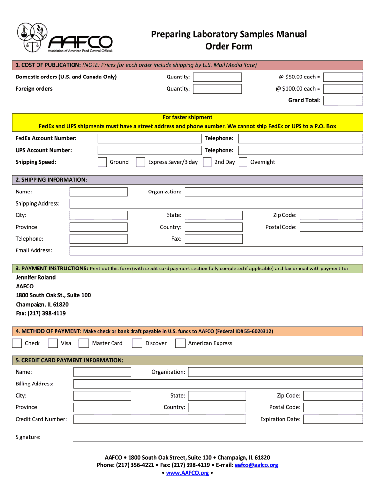 Fillable Online aafco Preparing Laboratory Samples Manual Order Form ...