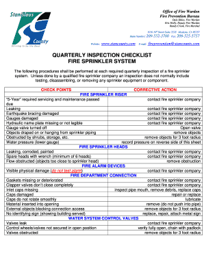 Fillable Online QUARTERLY INSPECTION CHECKLIST FIRE SPRINKLER SYSTEM ...