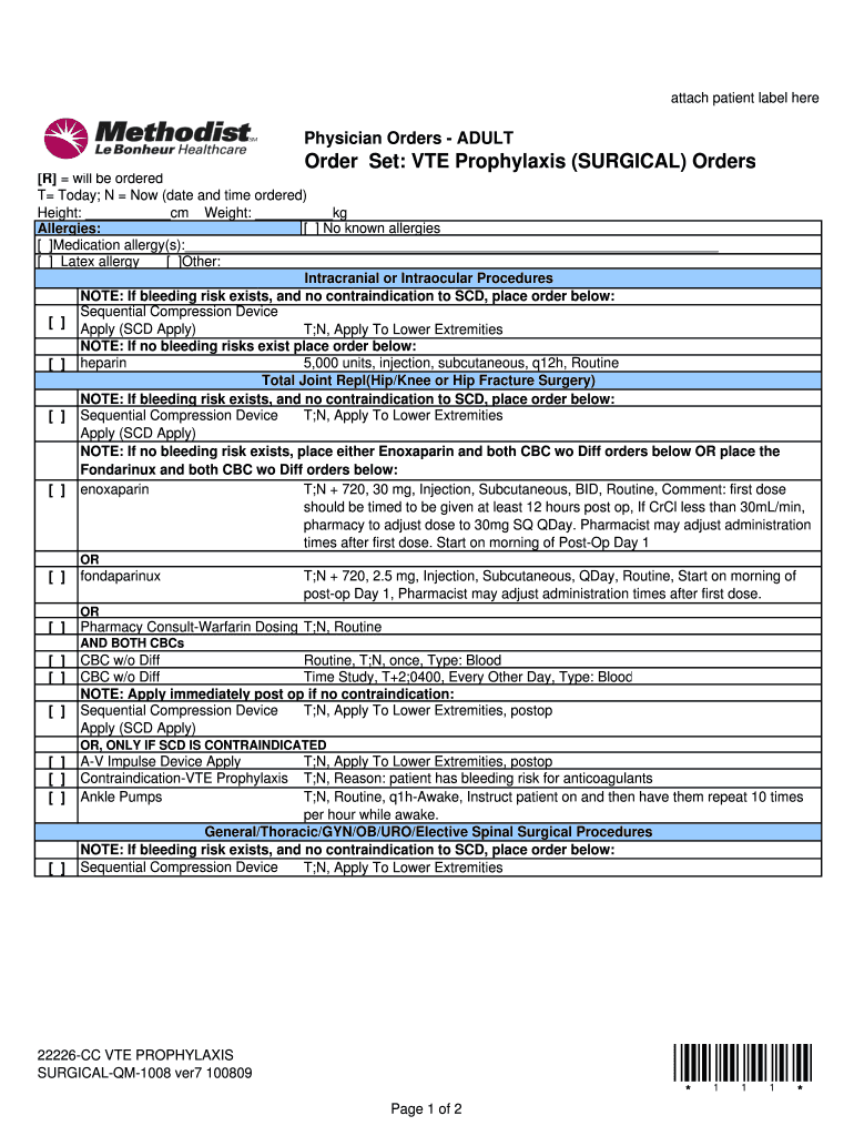 Fillable Online Order Set VTE Prophylaxis SURGICAL Orders Fax Email ...