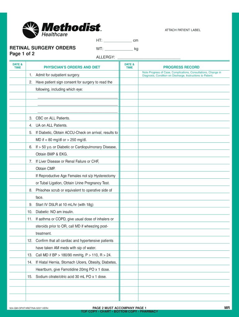 Fillable Online RETINAL SURGERY ORDERS Page 1 of 2 - methodistmdorg Fax ...