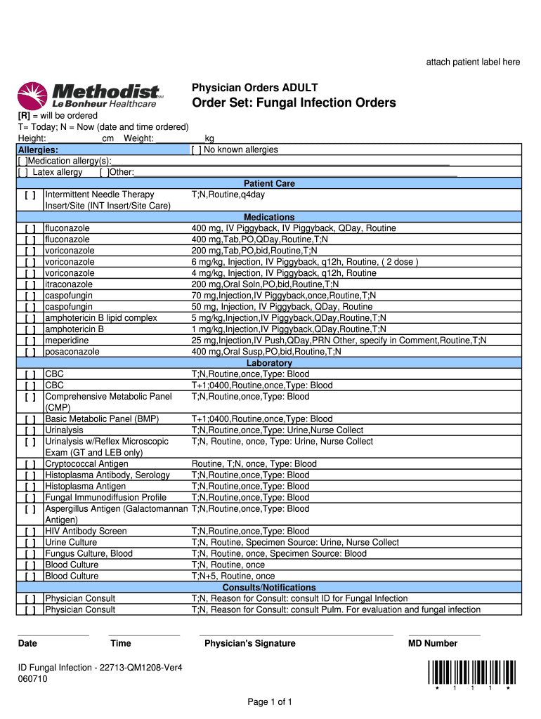 Fillable Online Physician Orders ADULT Order Set Fungal Infection ...