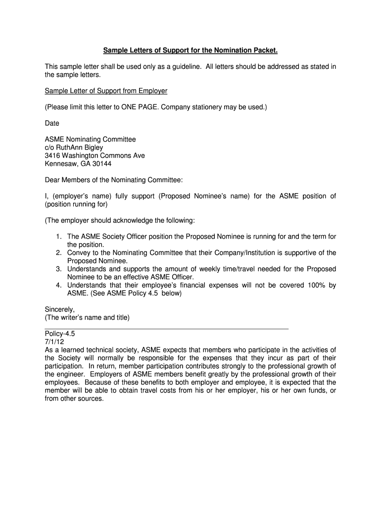 Fillable Online Sample Letters of Support for the Nomination Packet Fax ...