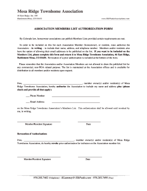 Fillable Online ASSOCIATION MEMBERS LIST AUTHORIZATION FORM Fax Email ...