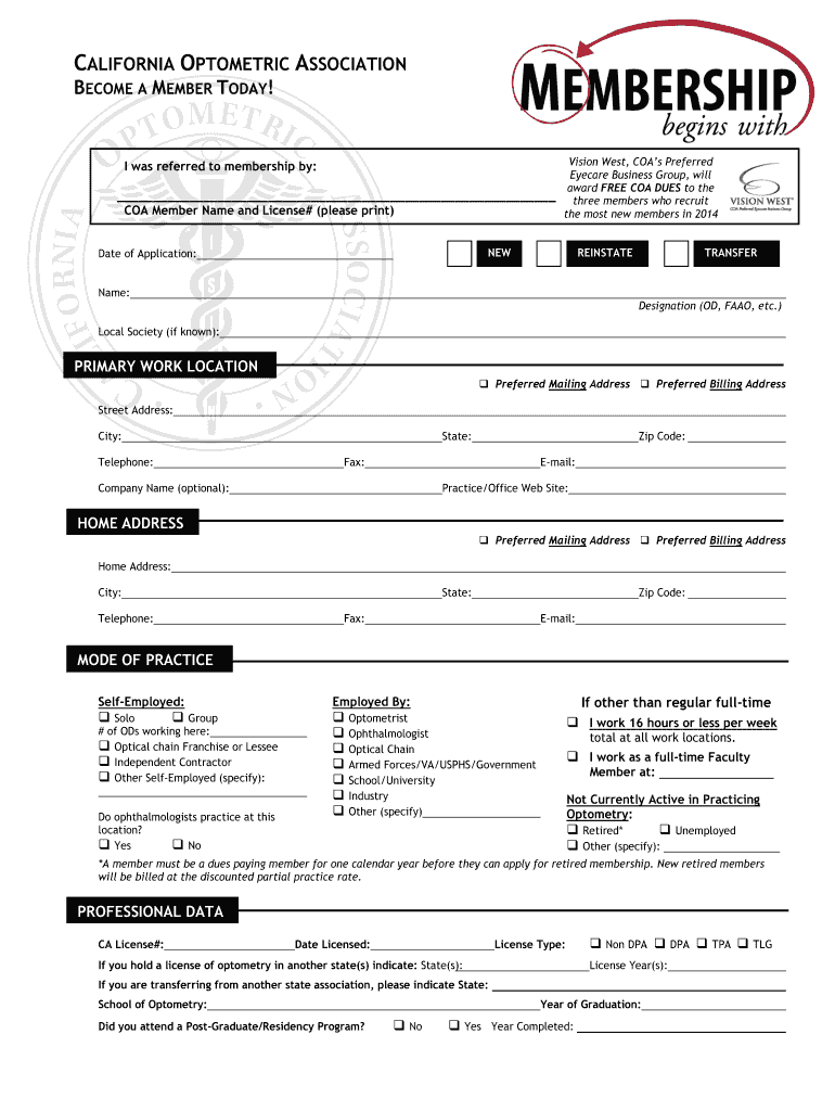 Fillable Online coavision CALIFORNIA OPTOMETRIC ASSOCIATION Fax Email ...