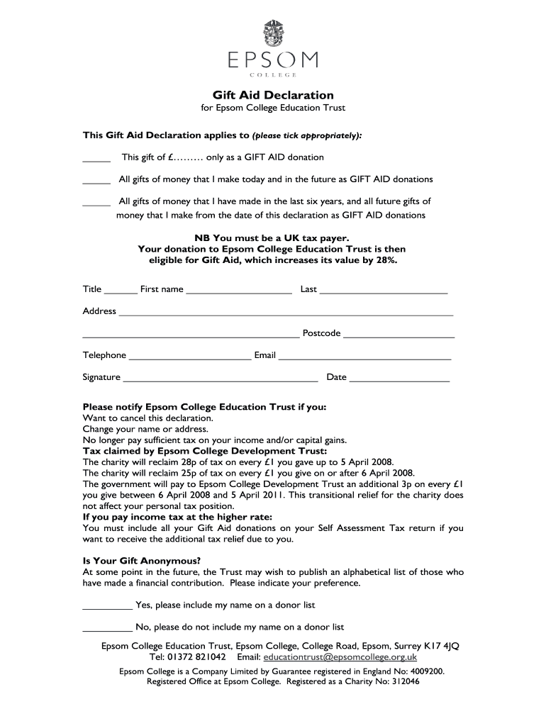 Fillable Online epsomcollege org Gift Aid Declaration for Epsom College ...