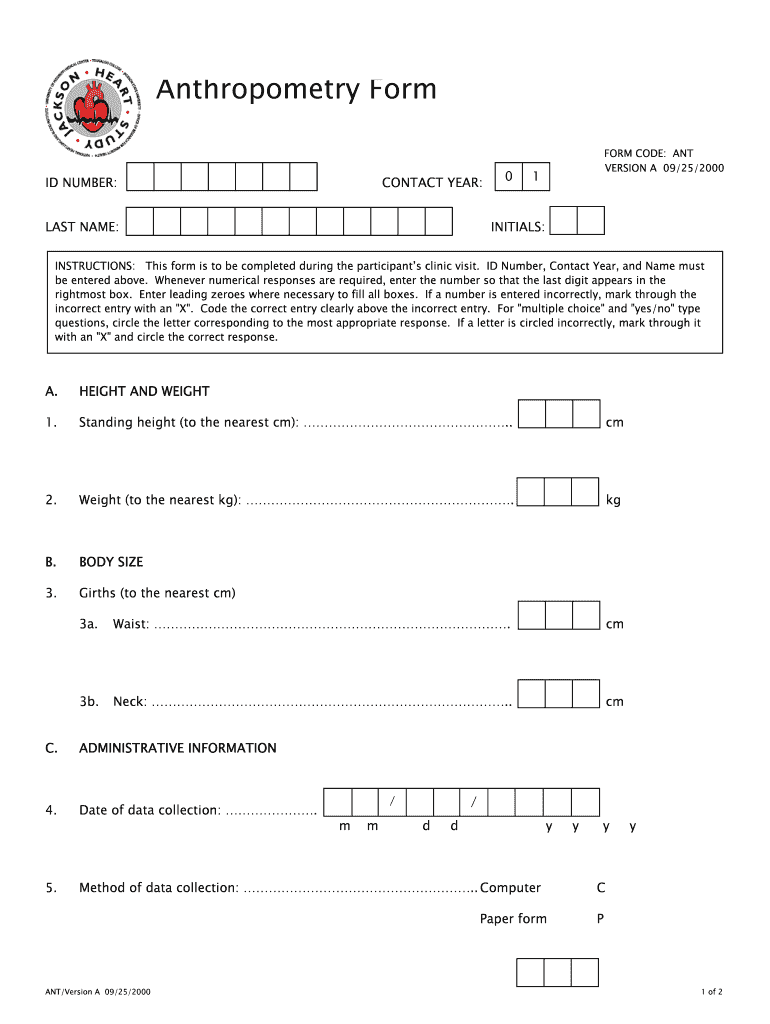 Fillable Online ARIC ANTHROPOMETRY FORM - jacksonheartstudyorg Fax ...
