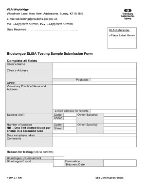 Fillable Online Bluetongue ELISA Testing Sample Submission Form ...