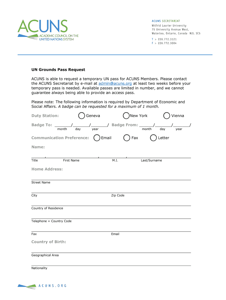 Fillable Online acuns UN Grounds Pass Request - ACUNS Fax Email Print ...