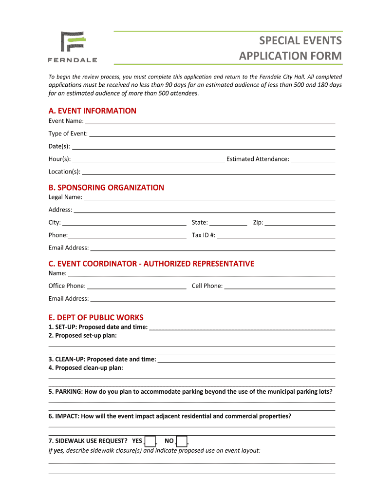 Fillable Online SPECIAL EVENTS APPLICATION FORM - ferndalemigov Fax ...