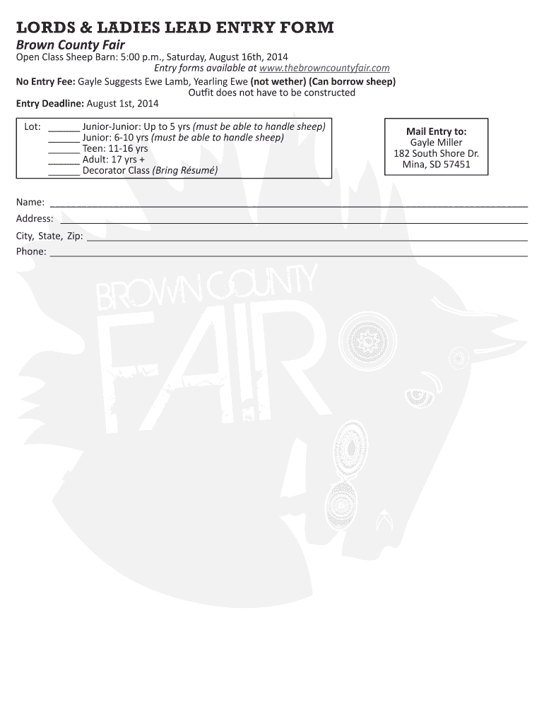 Fillable Online brown sd LORDS LADIES LEAD ENTRY FORM Brown County Fair ...