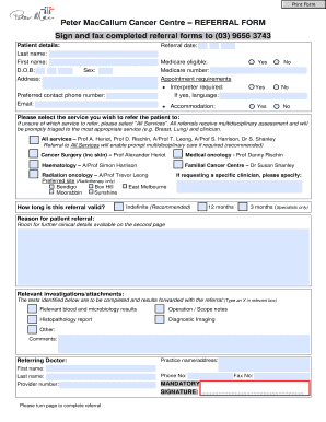 Fillable Online petermac Peter MacCallum Cancer Centre REFERRAL FORM ...